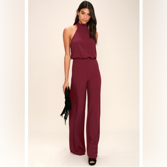 Lulus | Pants & Jumpsuits | Lulus Moment For Life Wine Colored Halter ...